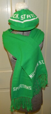 Vintage Michigan State Spartans Fringed Scarf & Pom Pom Cabbie Beanie ...