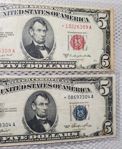 1953 $5 Star Notes Silver Certificate/United States Note Set Red & Blue ...