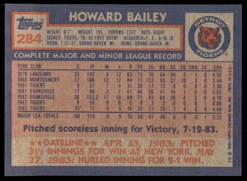 1984 Topps Cards Howard Bailey Detroit Tigers #284 | eBay