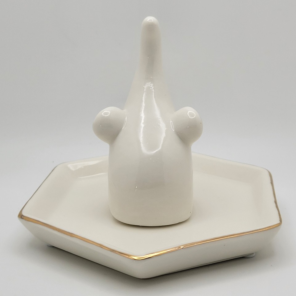 Elephant Ring Holder Trinket Dish White Ceramic Gold Trim 3.5” Jewelry ...