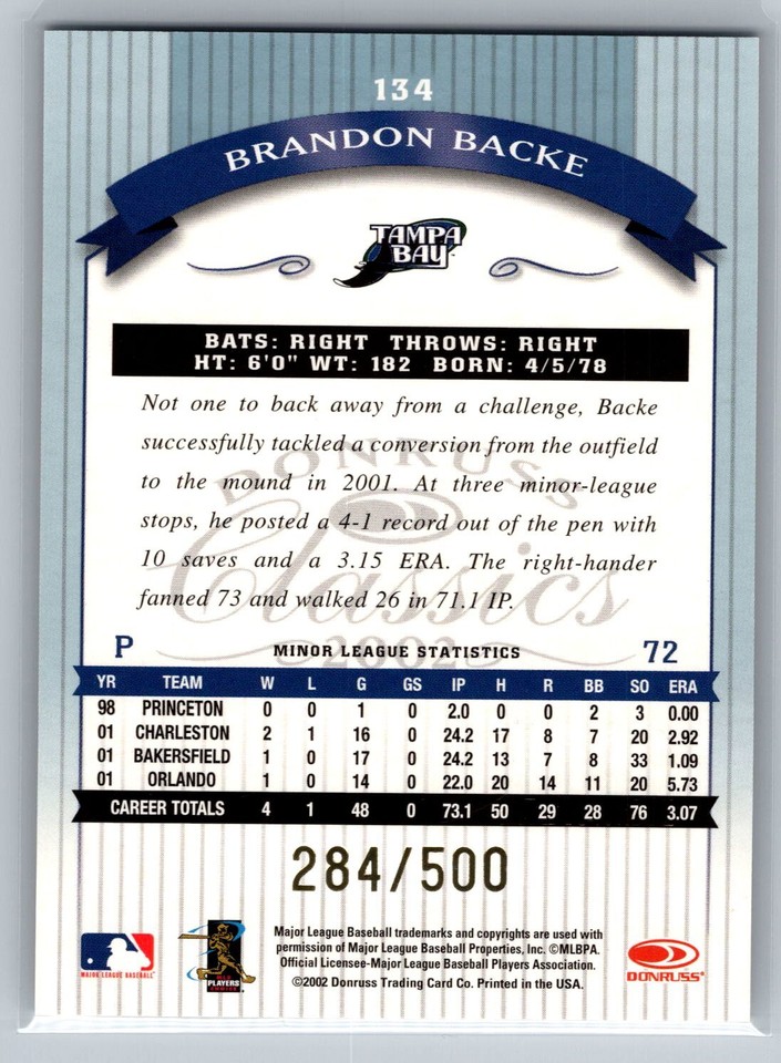 2002 Donruss Classics #134 Brandon Backe Significant Signatures 284/500 ...