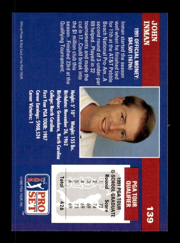 JOHN INMAN SIGNED 1992 PRO SET PGA TOUR #139 ON-CARD AUTO - GOLF ...