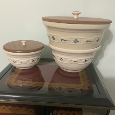 VTG Set of 3 Longaberger Mixing Bowls Woven Traditions Blue 6” 8” 10 ...