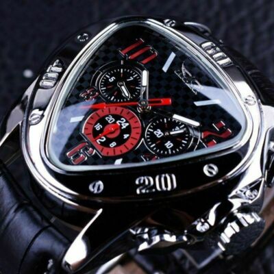 Leather Strap Triangle Dial Mechanical Wrist Watch Luxury Skeleton Men ...