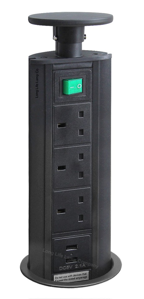 POP UP Power Tower 3 Socket 2 USB with Safety Switch Silver/Stainless ...