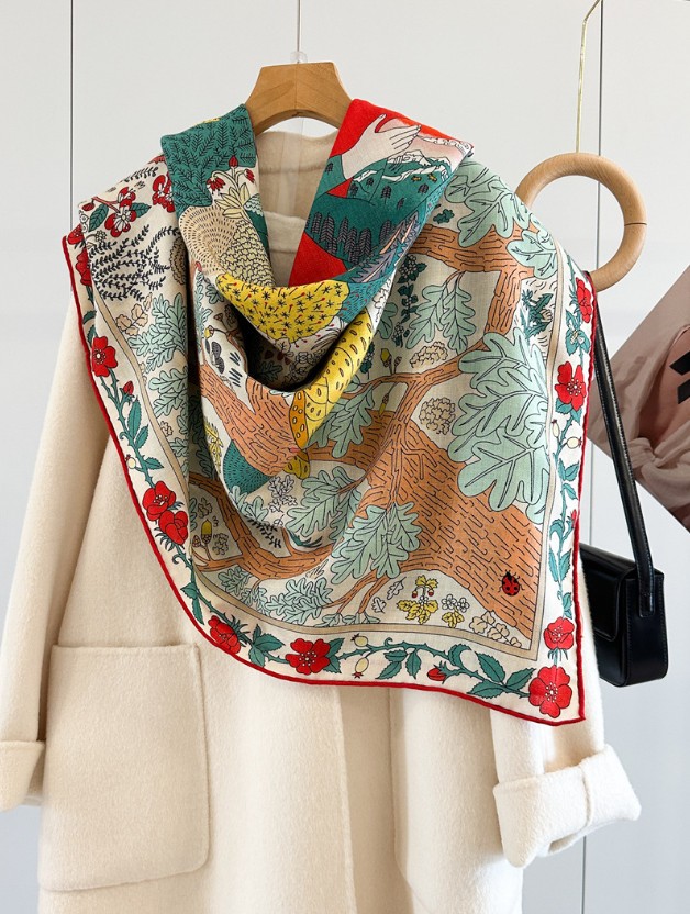 70% Cashmere 30% Silk Wrap Scarf Forest bird Print Double Face Print ...