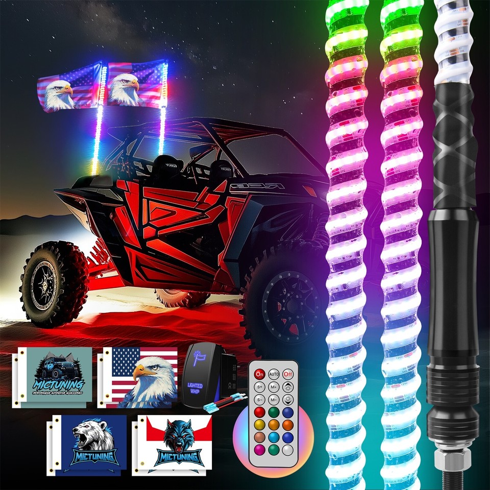 2pcs 3FT Spiral LED Whip Lights COB Chips Antenna Whips w/Remote UTV ...