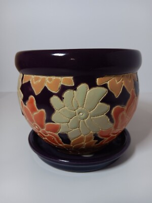 Floral Clay Pot Planter With Connecting Under Dish And Drain Hole 5" By ...