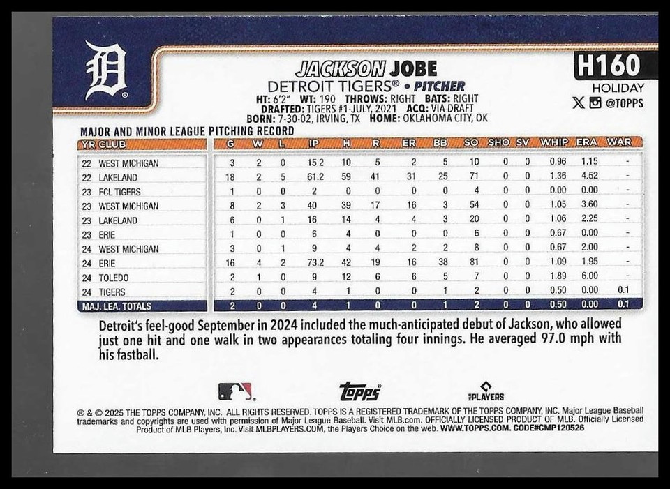 2025 Topps Holiday #H160 Jackson Jobe Detroit Tigers Rookie | eBay