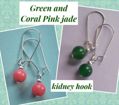 GREEN or CORAL "peachy pink" JADE Kidney Wire drop earrings handcrafted ...