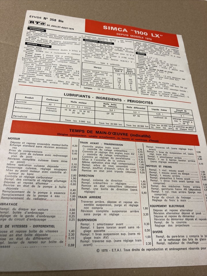 Automobile Technical Sheet Simca 1100 LX Since 76 Edition Of 1976 RTA ...