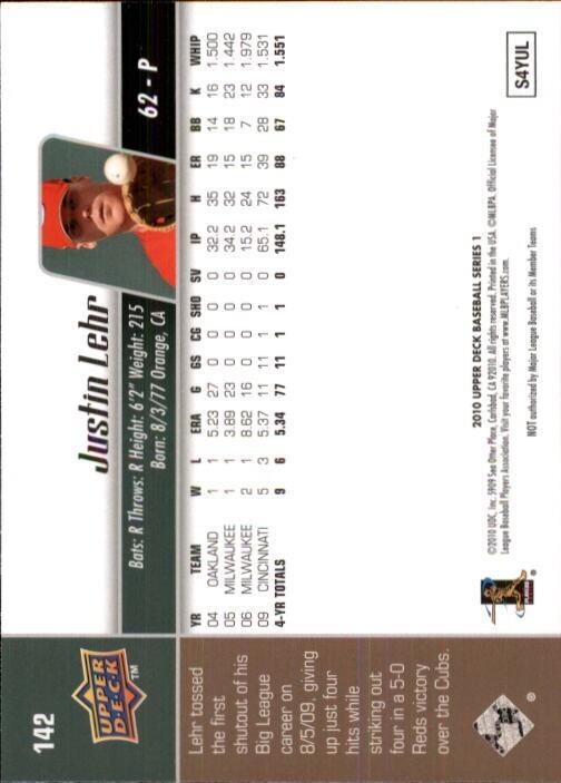 2010 Upper Deck Cincinnati Reds Baseball Card #142 Justin Lehr | eBay