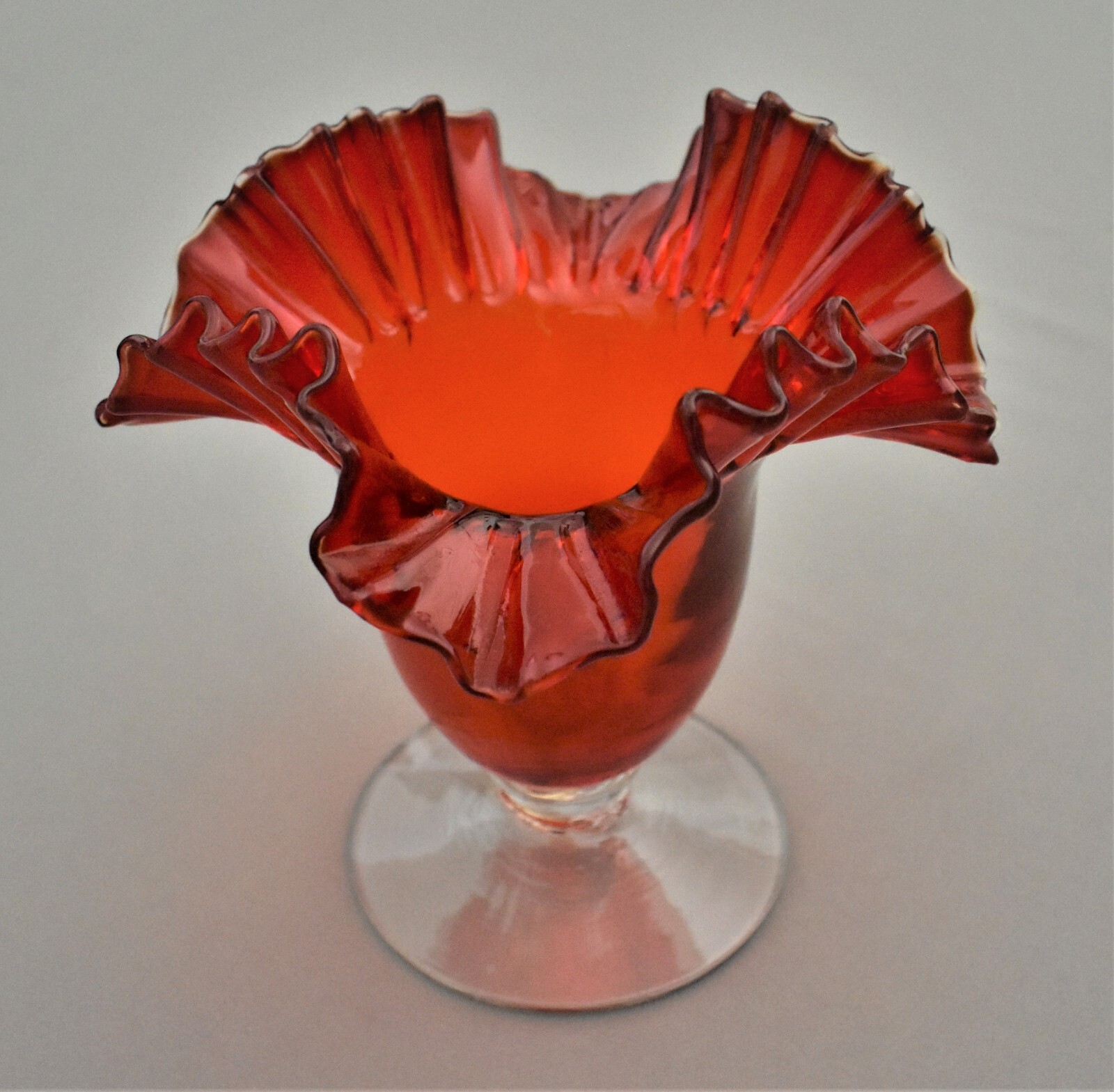 Blenko 8" Red Glass Rim Flared Ruffle Top Vase Pedestal Original Mark ...