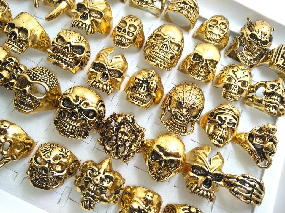 30pcs Wholesale Big Skull Biker Rings Gold Plated Bohemian Statement ...