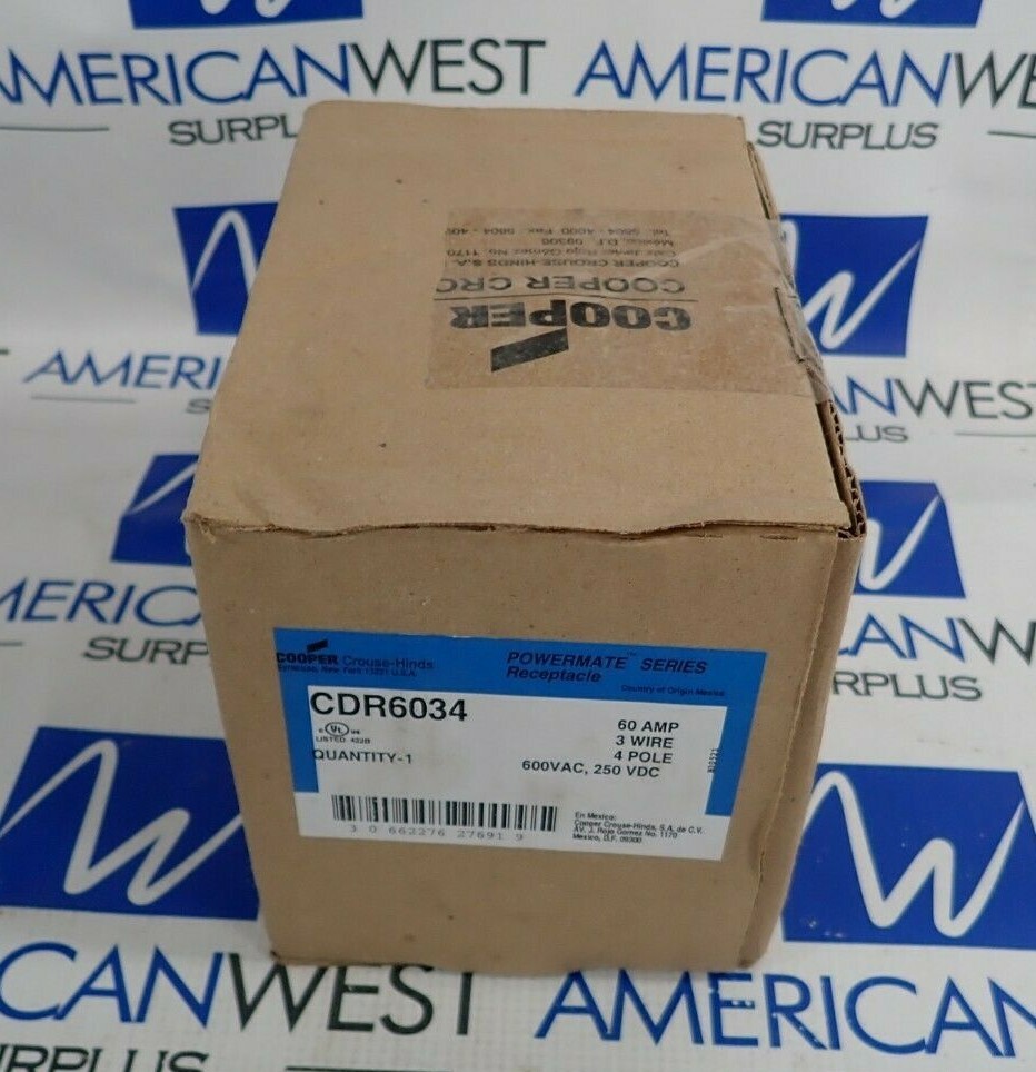 COOPER CDR6034 POWERMATE SERIES RECEPTACLE 60A 3 WIRE 4 POLE 600VAC ...