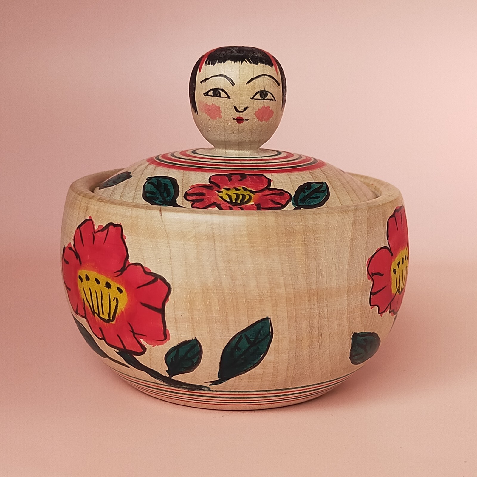 Japanese wooden doll Ejiko red peony kokeshi Sato Tatsuo Akita ...