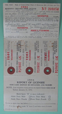 1951 Hennepin Minnesota Resident Firearm Deer Hunting License w/ Report ...