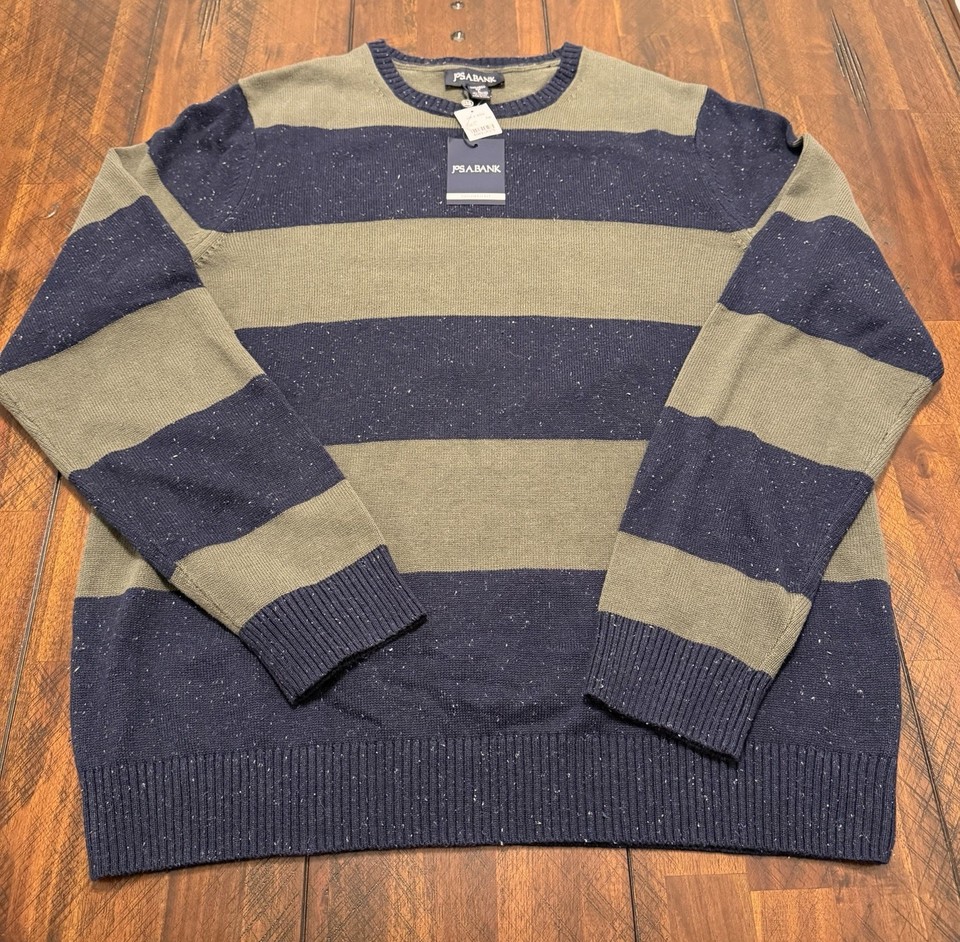 New! Jos A Bank Men’s Large Tailored Fit Striped Crewneck Sweater Navy ...