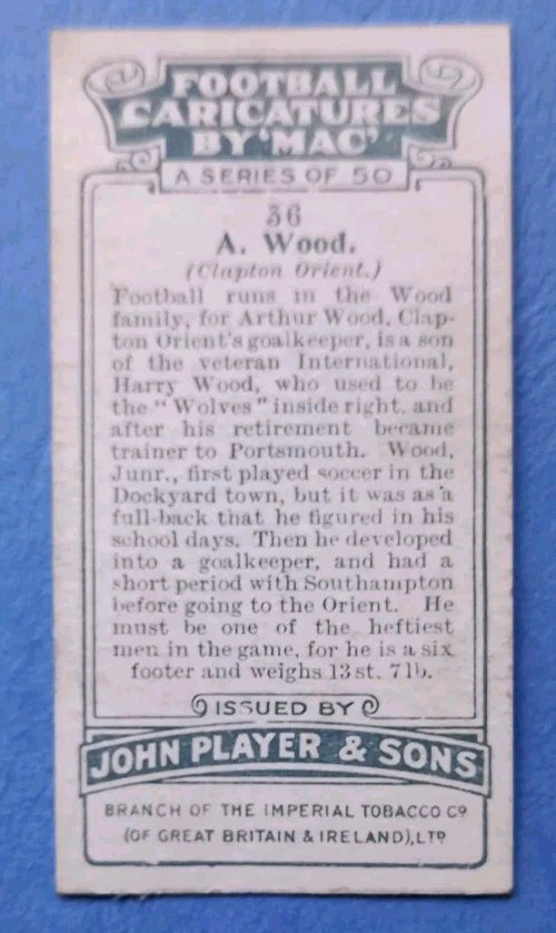 ARTHUR WOOD CLAPTON ORIENT FOOTBALL CARICATURES 1927 JOHN PLAYER CARD ...
