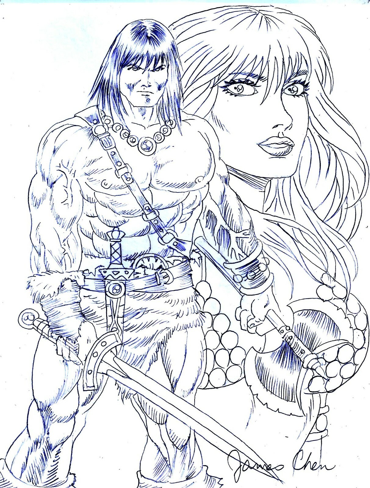 CONAN THE BARBARIAN AND RED SONJA ORIGINAL COMIC ART PENCIL SKETCH ON ...