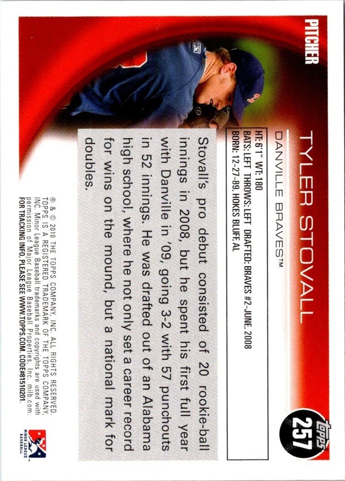 2010 Topps Pro Debut Tyler Stovall #257 Danville Braves Baseball Card ...