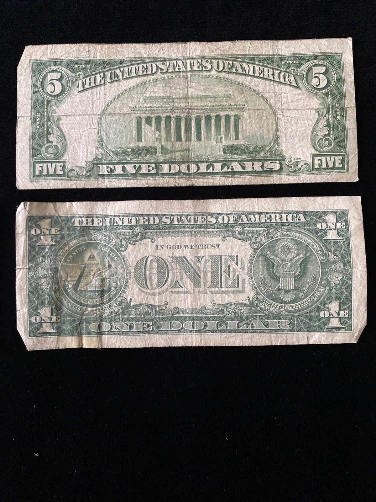 RARE Lot Pair $1 1935-1957, $5 1953 Blue Seal Silver Certificate Note ...