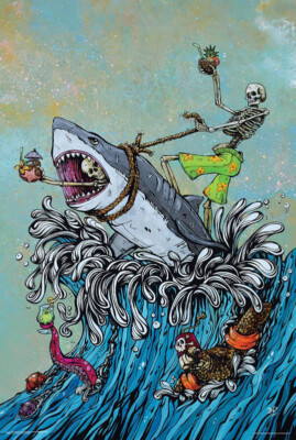 Great White Wave - 2 Skeletons Riding Shark 24 x 36 Inch Poster | eBay