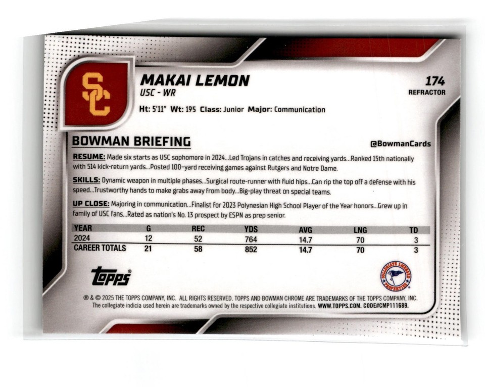 Makai Lemon 2025 Bowman University Chrome Refractor #174 | eBay