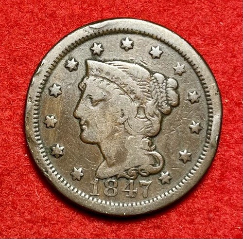 1847 Braided Hair Large Cent Penny Circulated US Coin - From Huge Set ...