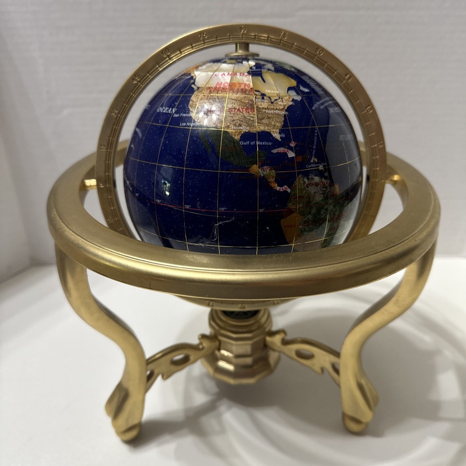 LARGE 12" x 12 Gemstone World Globe Compass Tripod Metal Footed Stand ...