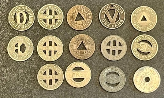 Lot of 14, Local Fare Transit Tokens (Small Size; Incl four 1924 ...