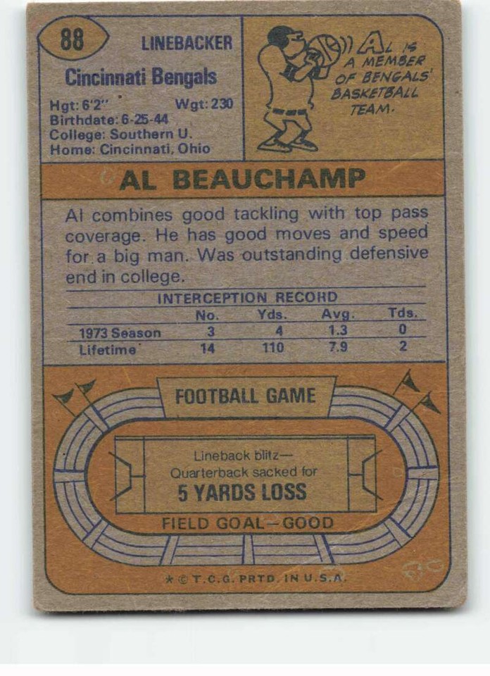 1974 Topps #88 Al Beauchamp G/VG Good/Very Good Bengals | eBay