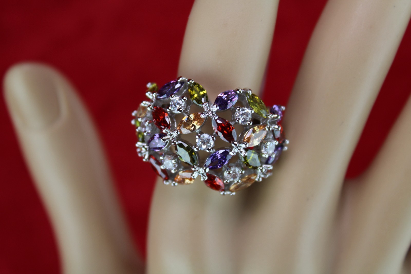 Chunky Colorful Ring Silver Cluster Style Statement Ring Size 7 | eBay