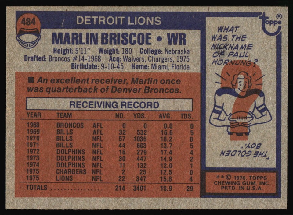 1976 Topps Marlin Briscoe #484 Detroit Lions | eBay