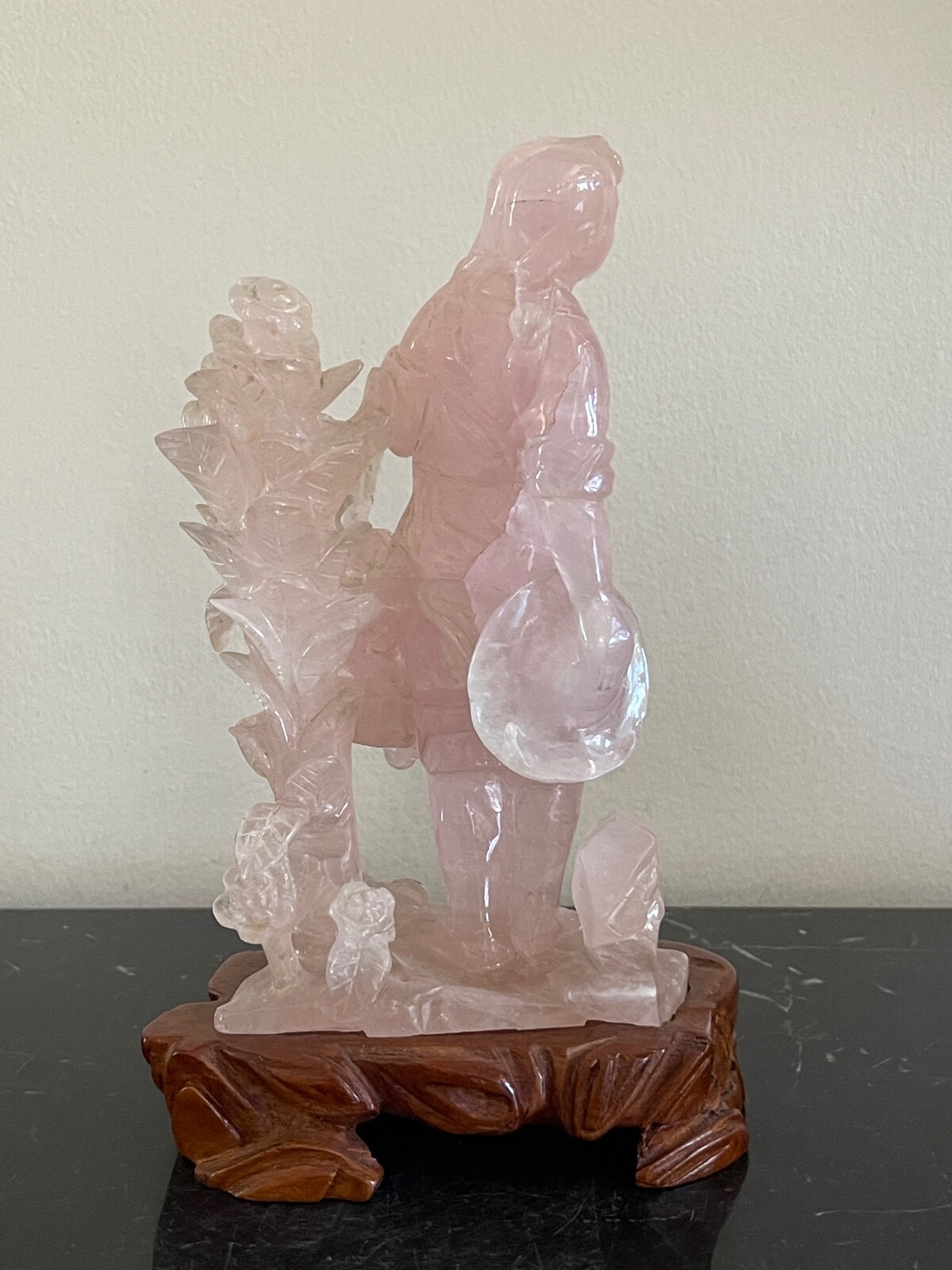 Vintage Chinese Hand Carved Rose Quartz Figurine Wood Base | eBay