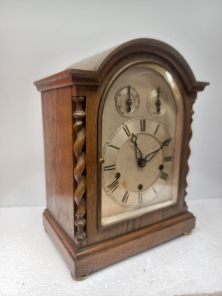 ANTIQUE ENGLISH WESTMINSTER CHIME OAK BARLEY TWIST COLUMNS MANTEL CLOCK ...