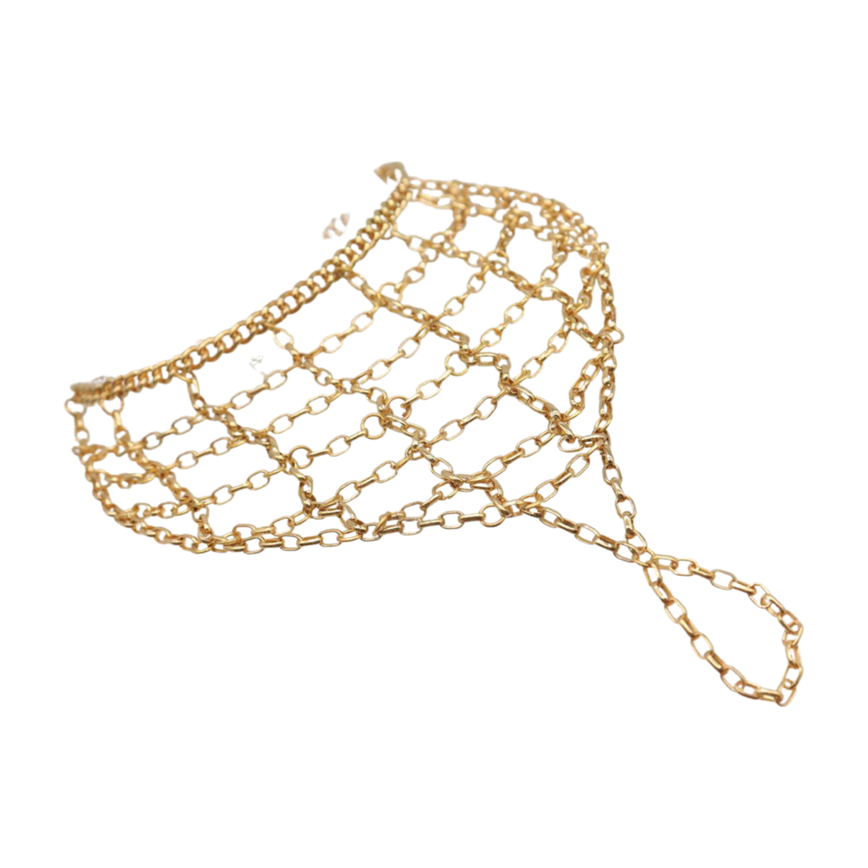 Women Gold Metal Hand Chain Bracelet Web Net Ring Wedding Bride Bridal ...