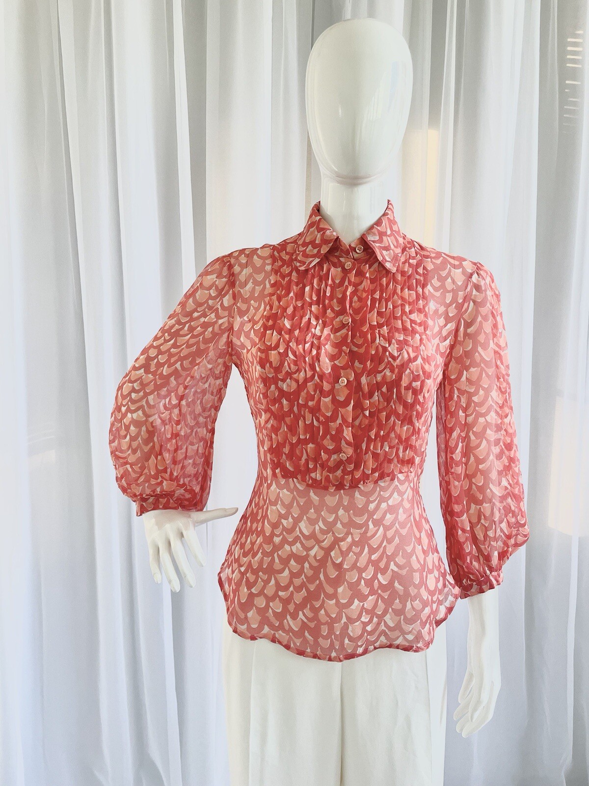 Valentino Sheer Silk Blouse Red Orange White Pattern … - Gem