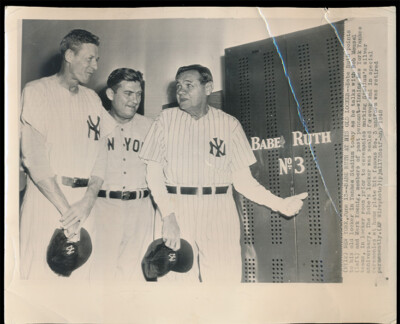 1948 Babe Ruth Wire Photo with Bob Meusel and Mark Konig at his old ...