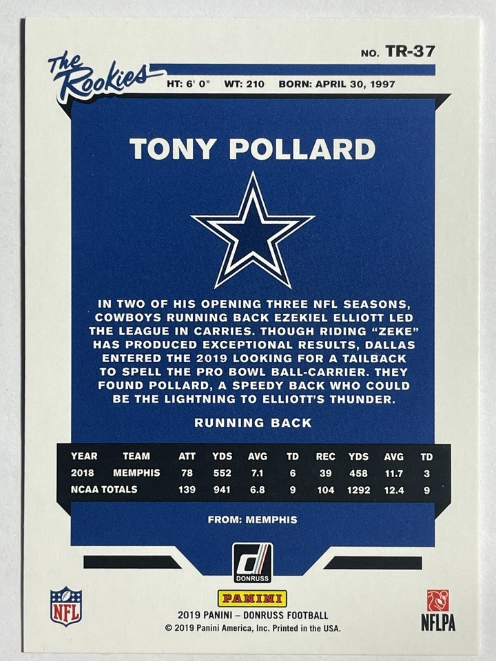 ROOKIE CARD TONY POLLARD Dallas Cowboys 2019 Donruss THE ROOKIES INSERT ...