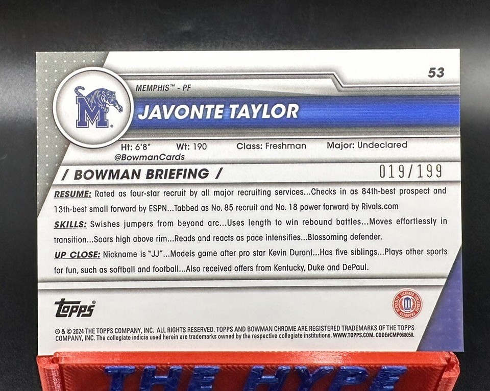 /199 Javonte Taylor 1st BLUE Raywave Refractor 2023-24 Bowman ...