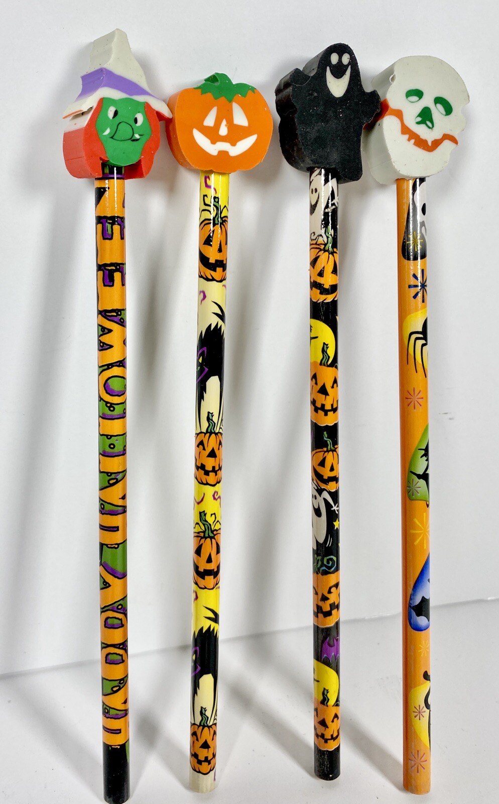 4 Vintage Halloween Pencils Eraser Glow In Dark Jack-O-Lantern Witch ...