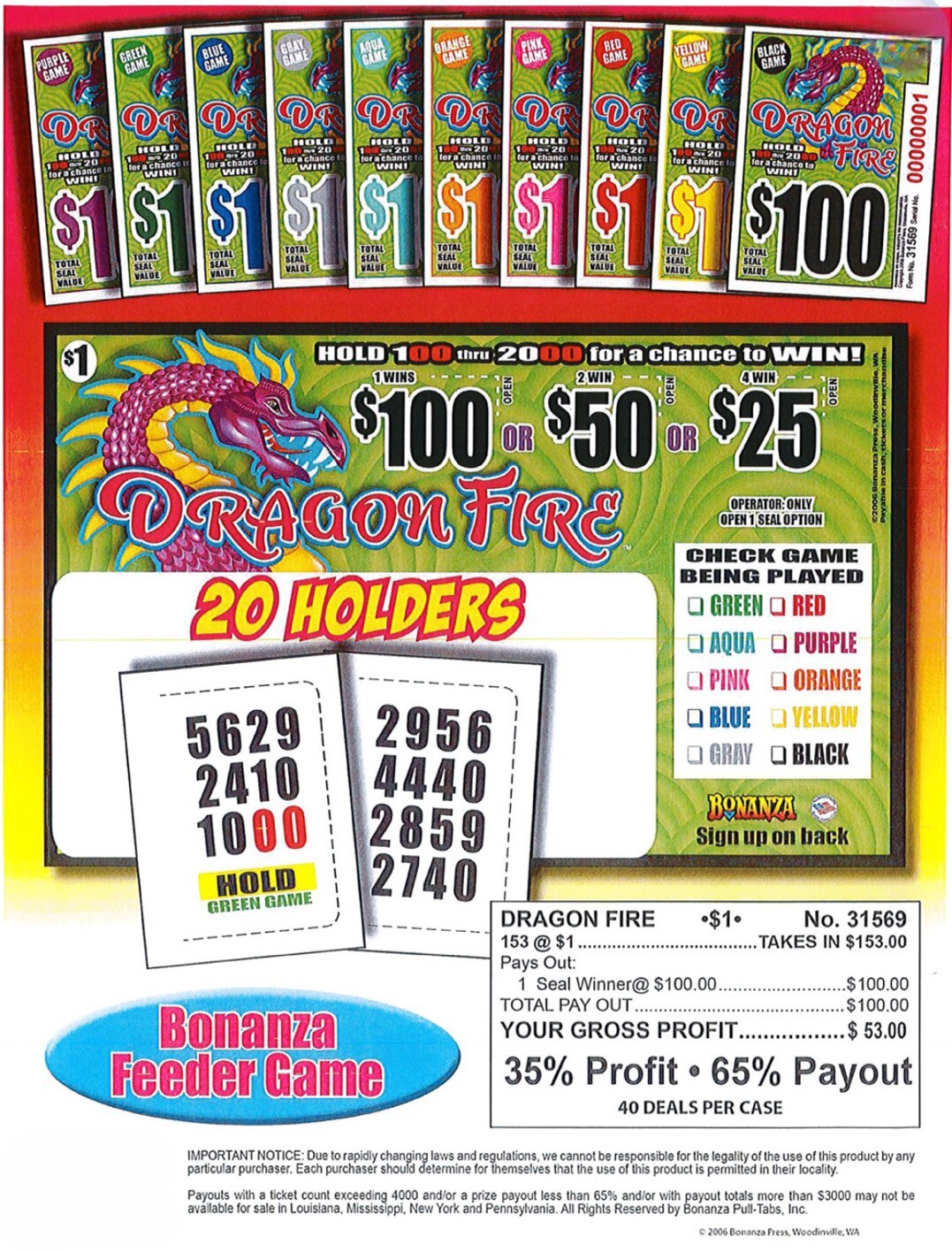Pull Tab Ticket - Hard Card Tickets - Game - 6 Pack Dragon Fire | eBay