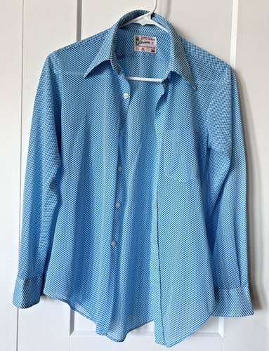 Vintage Rayon Polyester Button Up Shirt Men's Blue White Mini Check ...