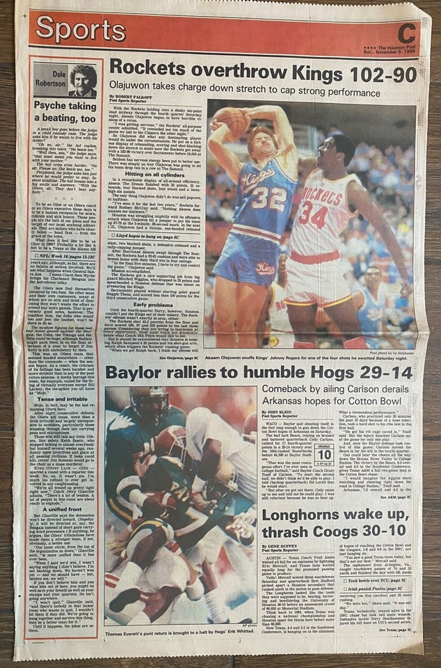HOUSTON POST NEWSPAPER-11/9/1986-ROCKETS OLAJUWON 15pts/21reb/4bks ...