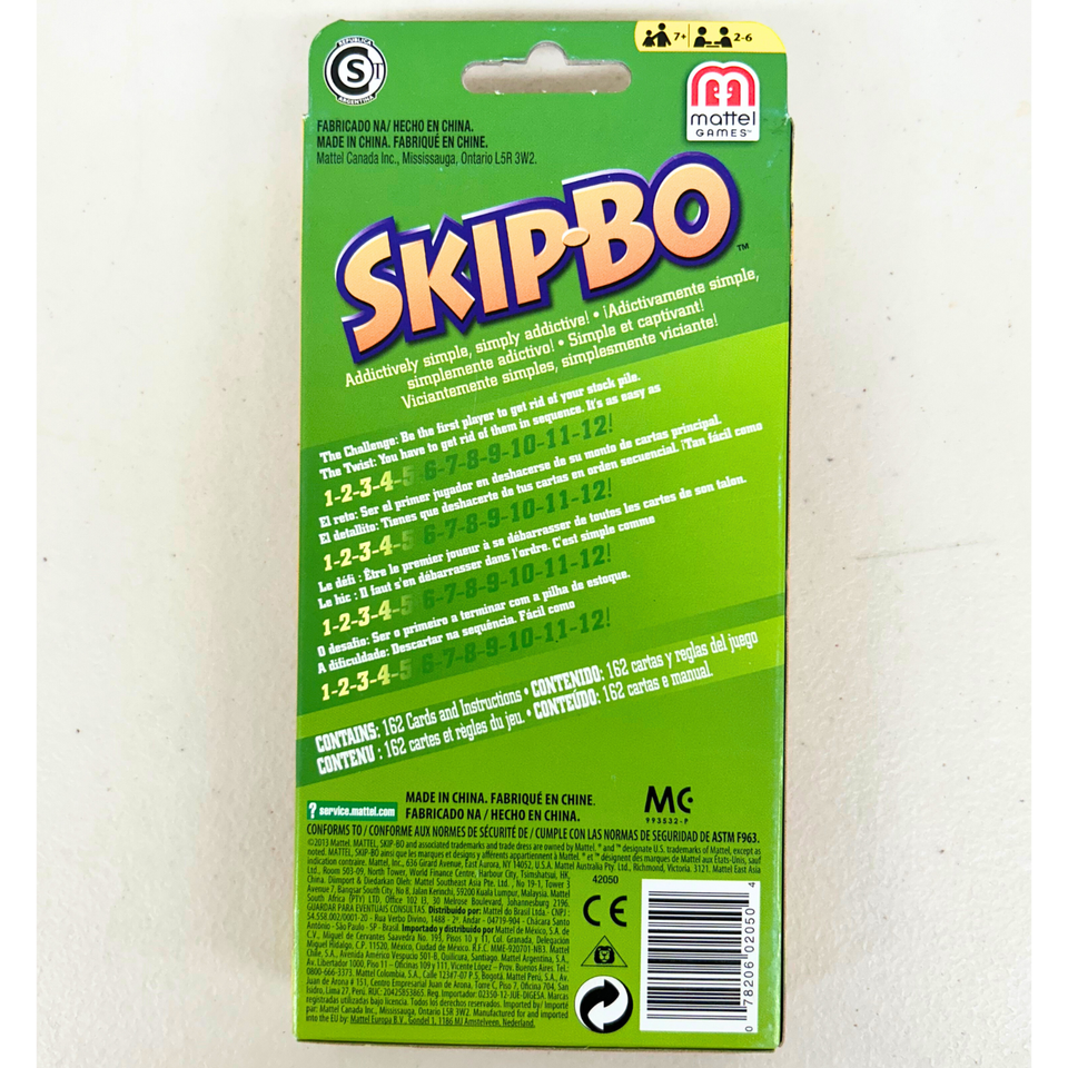 Mattel Skip-Bo Card Game, 162 Cards, 2 to 6 Players, Ages 7+, New in ...