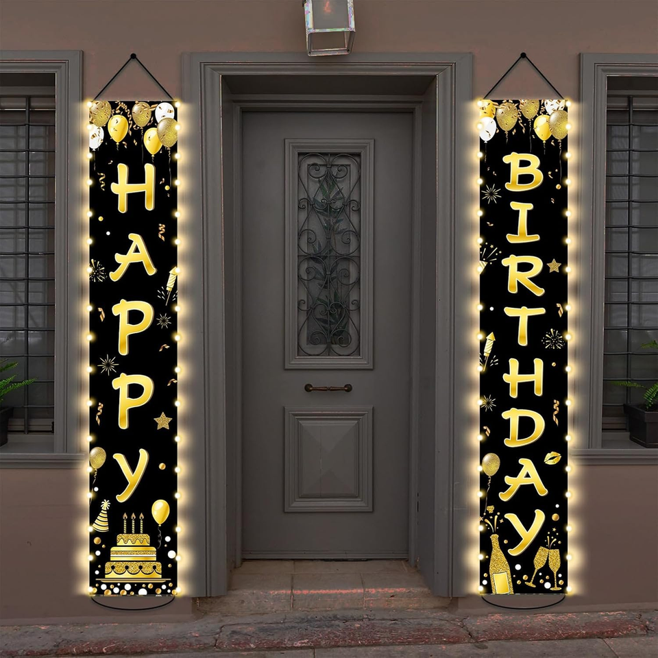 Black Gold Happy Birthday LED Banner Door Sign Lighted Party ...