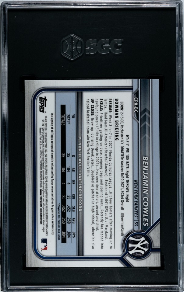BENJAMIN COWLES 2022 Bowman Chrome CPA-BC Auto 10 SGC 10 NEW YORK ...