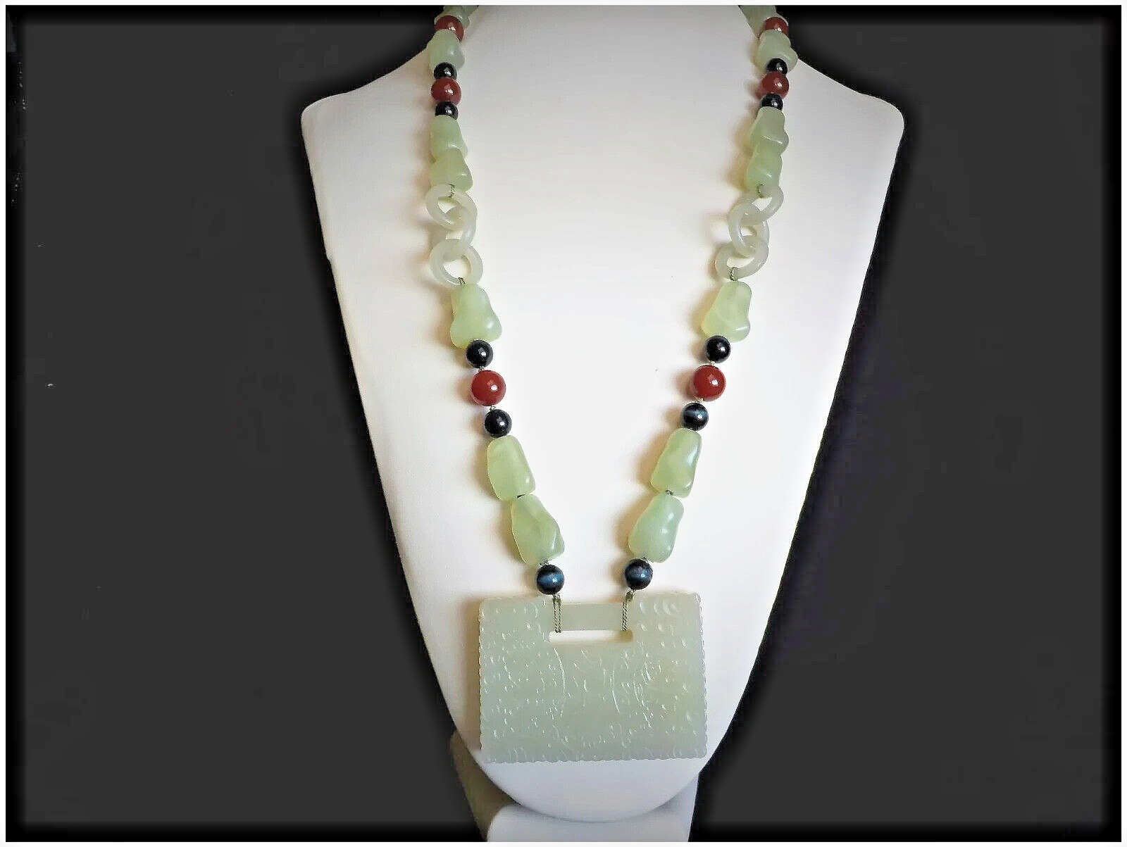 Chinese Jade Pendant, Devil's Work Jade, Carnelian, Blue Tiger's Eye ...