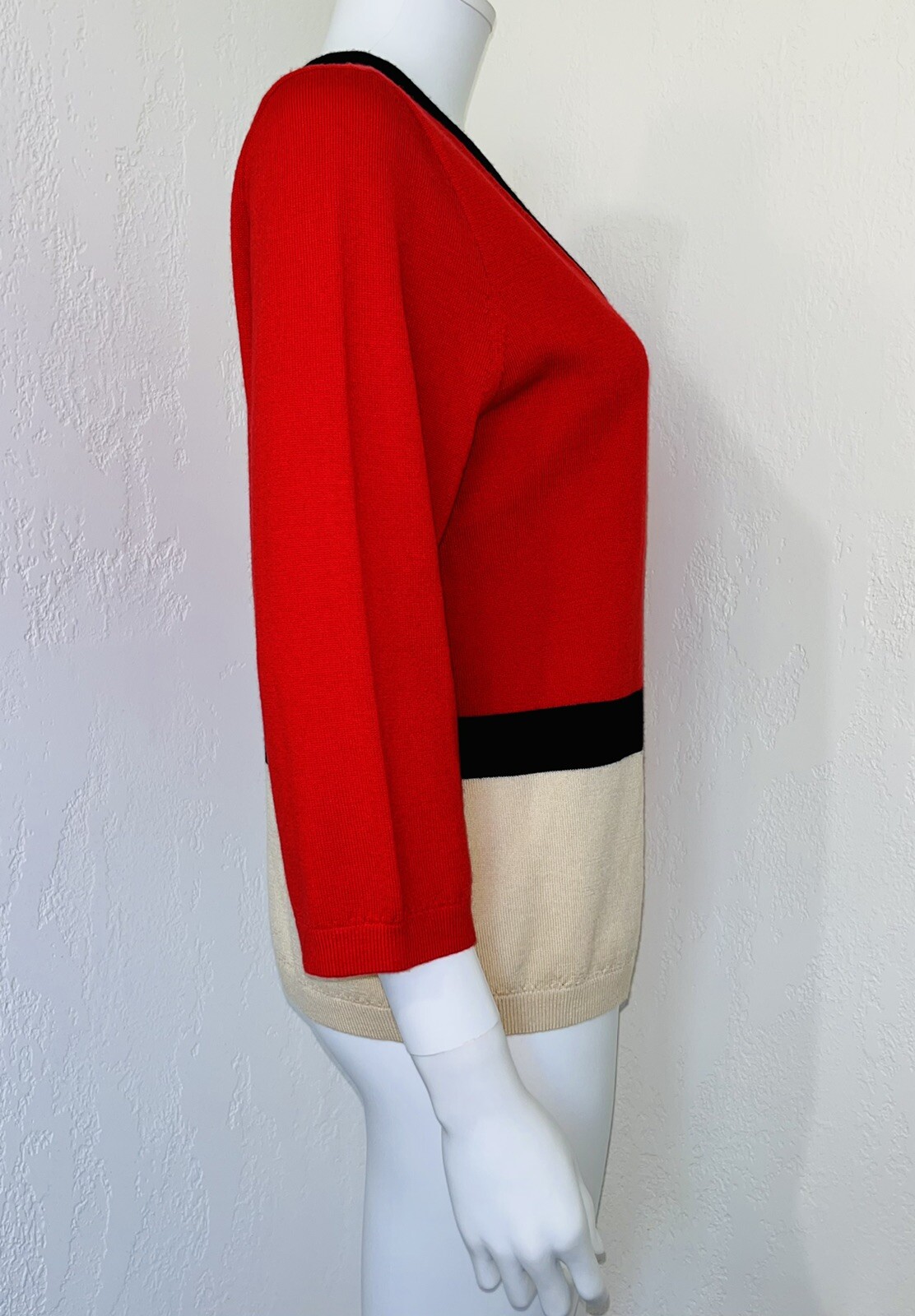 Kate Spade Red Beige Color Block Wool Knit 3/4 Slv V-Neck Cardigan Size ...